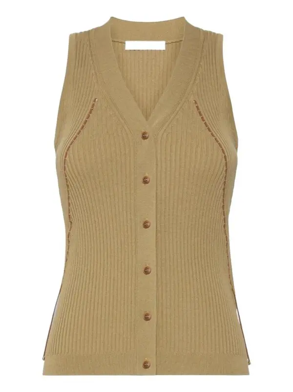 Max Mara Sleeveless V-neck Ribbed Knit Gilet - Khaki