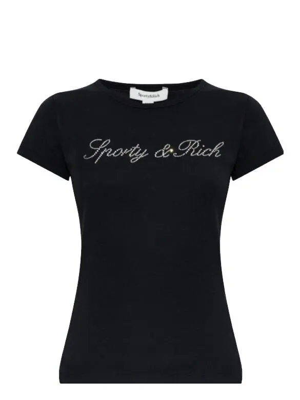 SPORTY  RICH Sporty & Rich Embellished Logo Crewneck Short Sleeve T-shirt - Black
