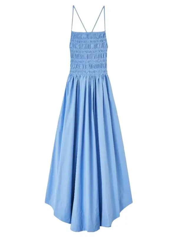 GANNI Compact Poplin Long Smocked Dress - Blue