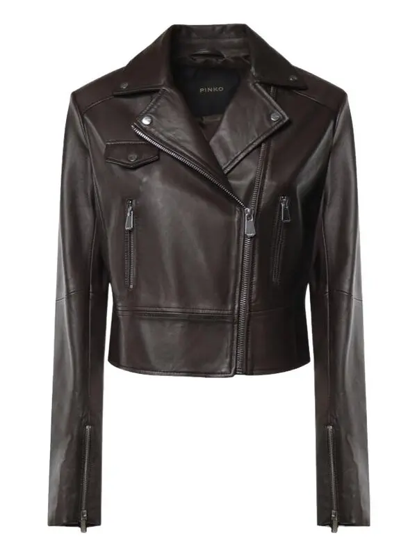 Pinko Long Sleeve Zip Up Leather Jacket - Black