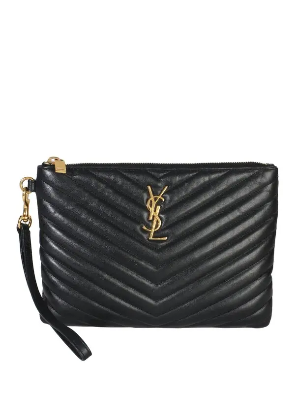 Saint Laurent Matelasse Chevron Calfskin Monogram Pouch - Black
