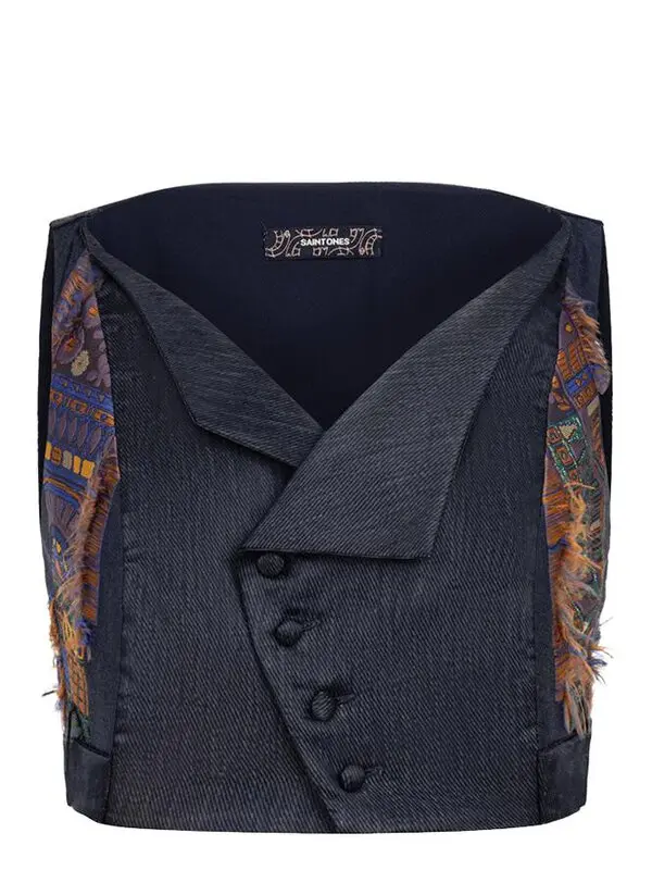 SAINT ONES Stravine Vest Navy Linen Cropped Silhouette - Blue
