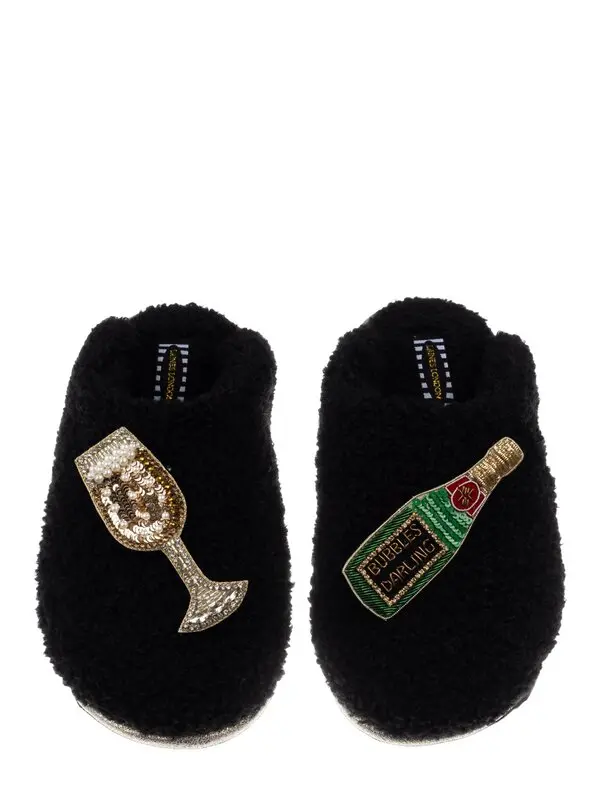 LAINES LONDON Teddy Towelling Slippers With Embellished Brooches - Black