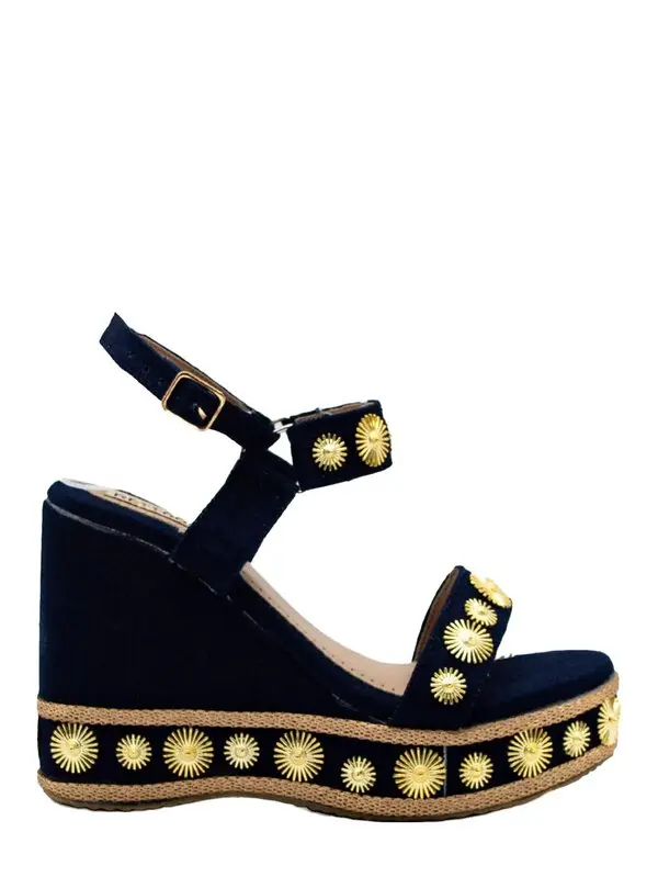 RETTROSE Jasmine Navy Hand Embellished Wedge Shoe - Blue