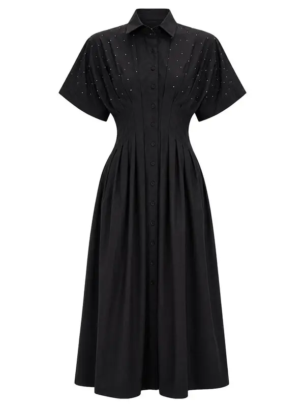 EXQUISE Midi Dress With Stone Embellishments And Pleated Skirt - Black