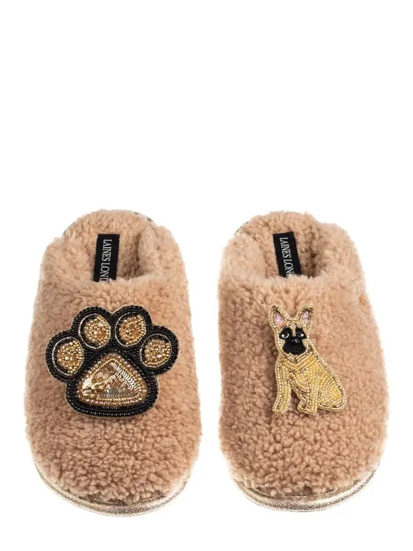 LAINES LONDON Teddy Towelling Slippers With French Bulldog And Paw Brooches - Brown