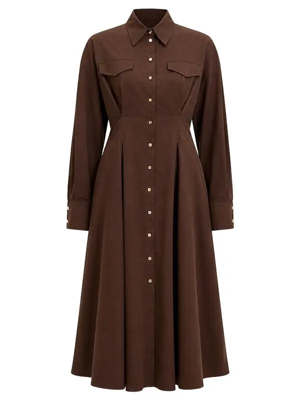 EXQUISE Coonie Midi Dress With Button-front And Long Sleeves - Brown