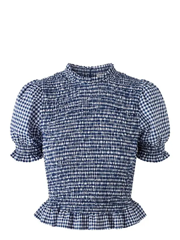 Mind Traveler Navy Gingham Smocked Cropped Top - Blue