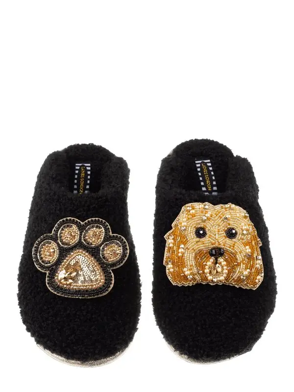 LAINES LONDON Teddy Towelling Closed Toe Slippers With Enki Doo Cockapoo & Paw Brooch - Black