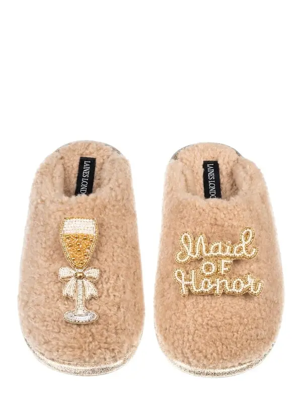 LAINES LONDON Neutrals Teddy Closed Toe Slippers With Maid Of Honor Brooches Toffee - Brown