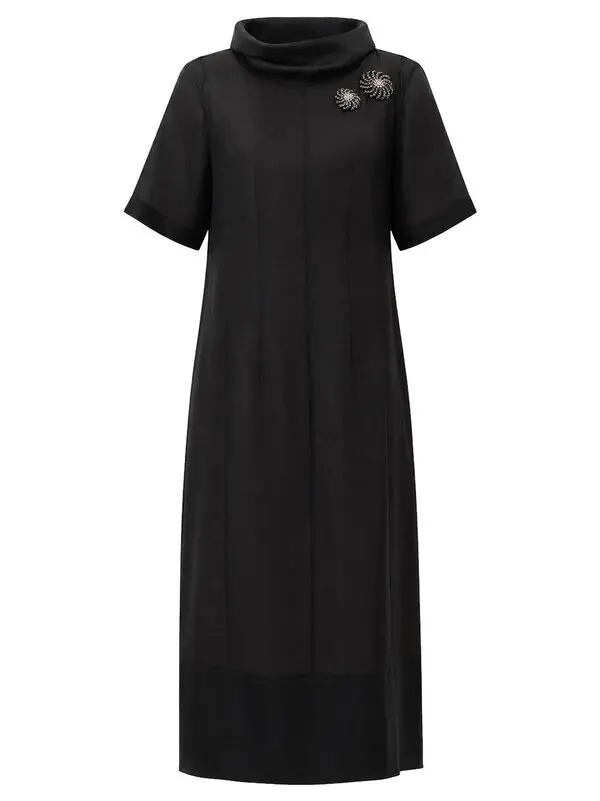 EXQUISE Midi Dress With High Neck And Short Sleeves - Black