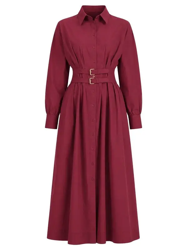 EXQUISE Belted Midi Shirt Dress - Red