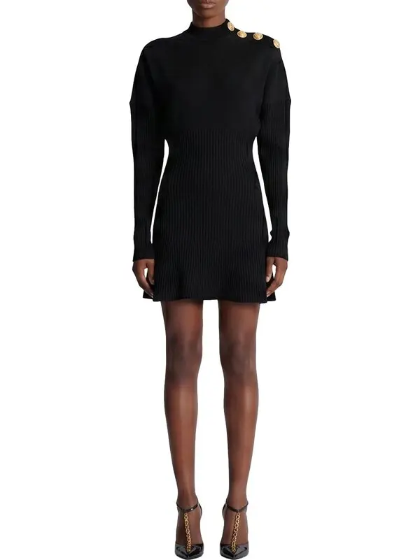 Balmain Ribbed High Neck Mini Dress With Button Detail - Black