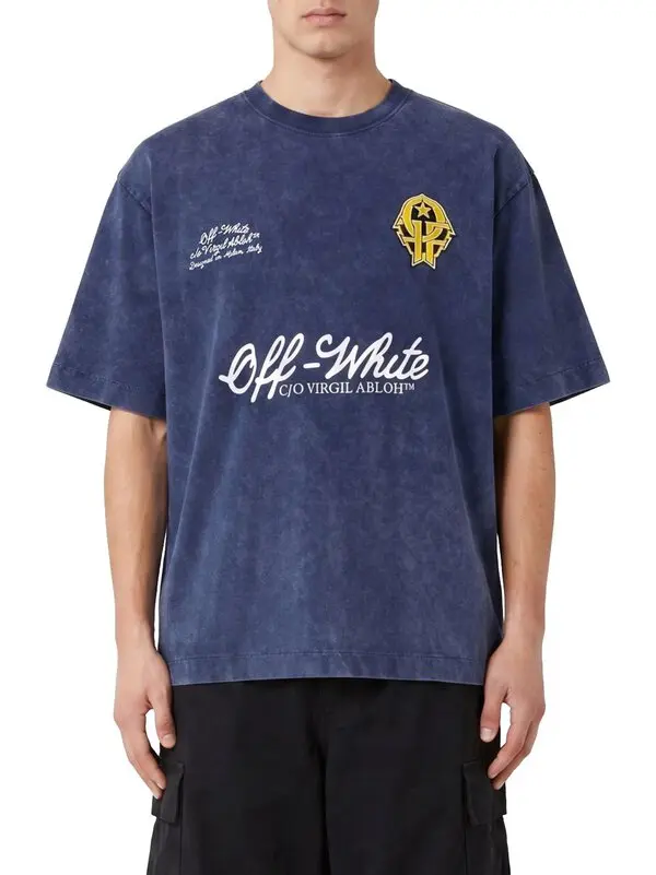 Off-White Contrasting Logo Cotton T-shirt With Dropped Shoulders - Blue