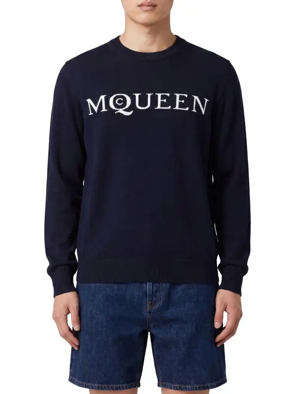 Alexander McQueen Crewneck Jumper With Jacquard Logo - Navy
