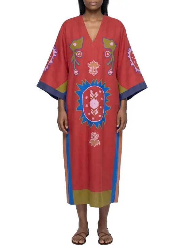 PAULA Linen Midi Caftan Dress With Ethnic Print - Red