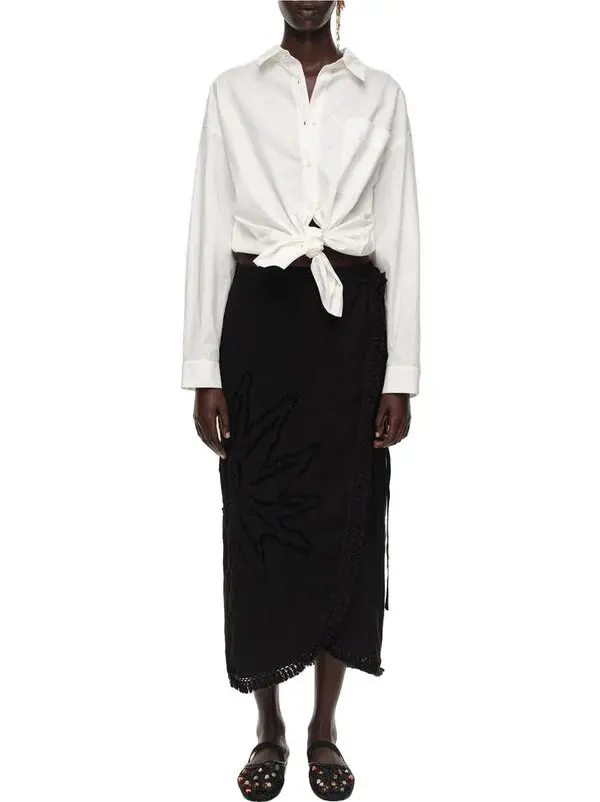 Bimba Y Lola Midi Sarong Skirt With Fringed Trim - Black