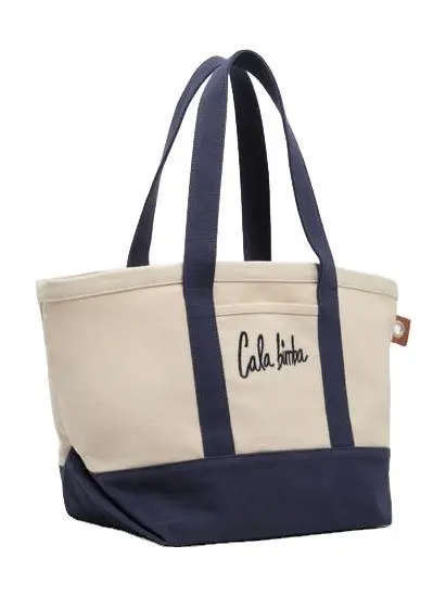 Bimba Y Lola Cotton Maxi Beach Bag With Woven Strap And Leather Details - Light Navy