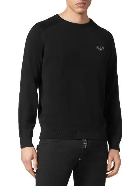 Philipp Plein Round Neck Long Sleeve Wool Pullover - Black