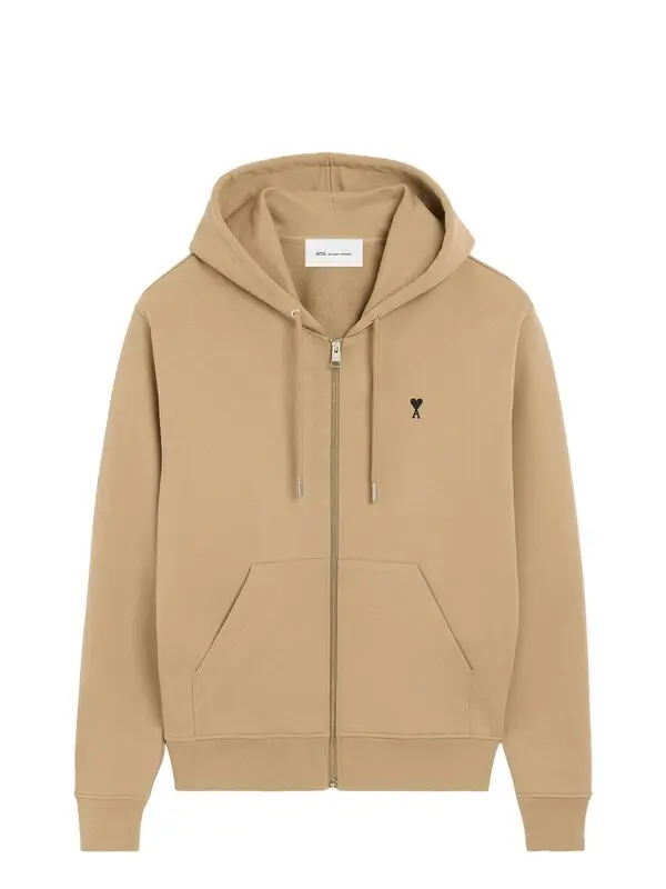 AMI Paris Zip Up Cotton Hoodie With Embroidered De Coeur Logo - Mastic Beige/black