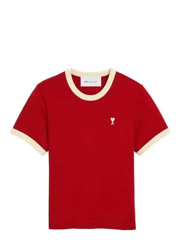 AMI Paris Red Contrasted Cotton T-shirt With De Coeur Embroidery - Ruby Red/ivory