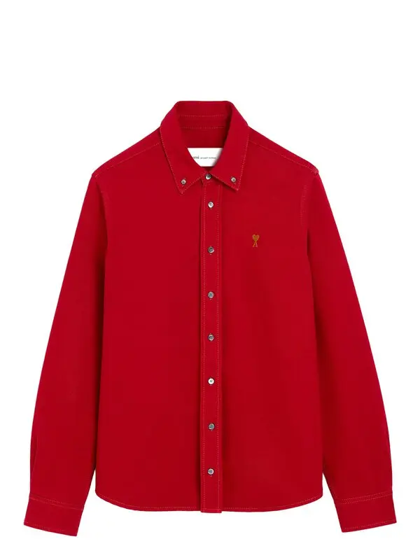 AMI Paris Red Cotton Shirt With De Coeur Embroidery - Ruby Red