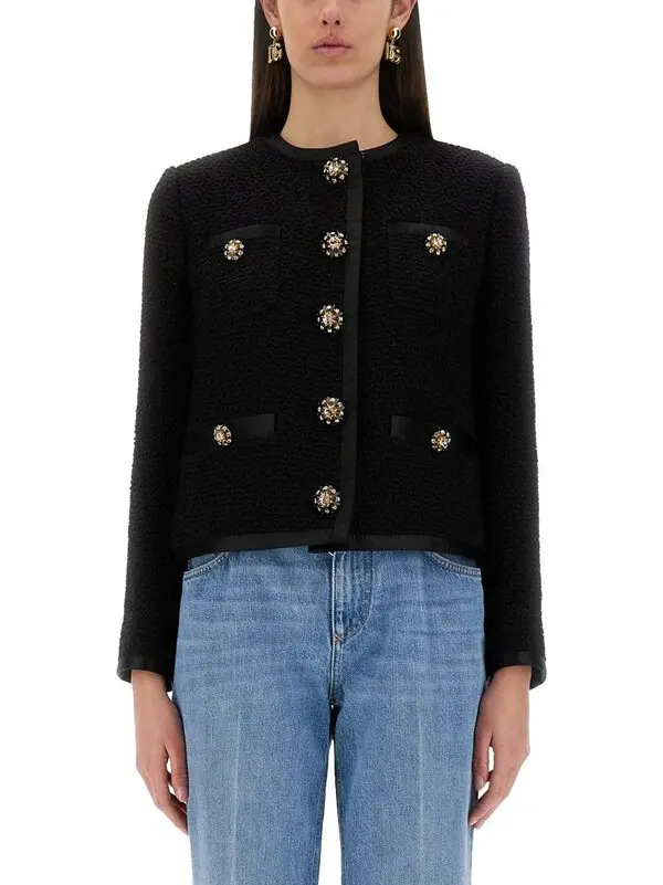 Dolce & Gabbana Single-breasted Cropped Tweed Bouclé Jacket - Black