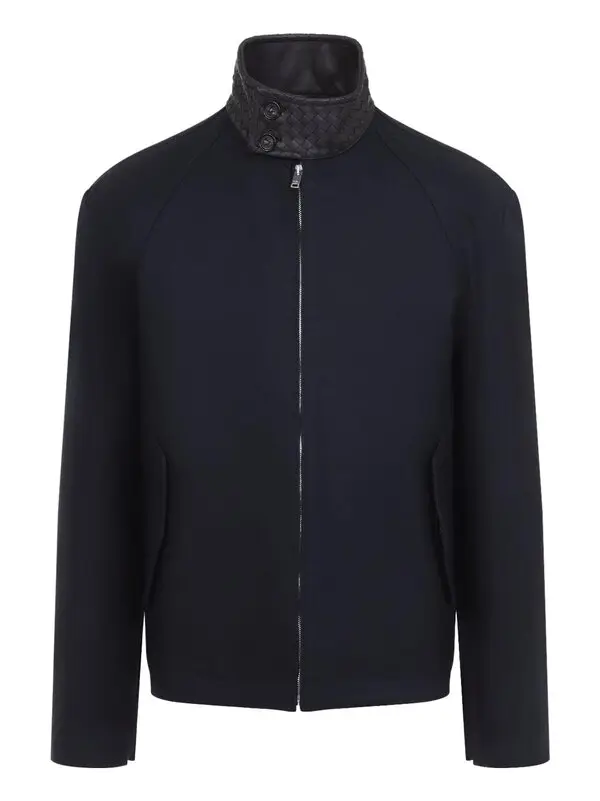Bottega Veneta Harrington Jacket In Midnight Compact Cotton Gabardine With Intrecciato Leather Collar - Blue