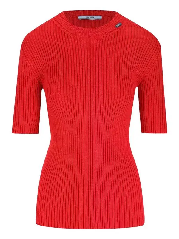 Prada Ribbed Knit Short Sleeve Sweater - Red