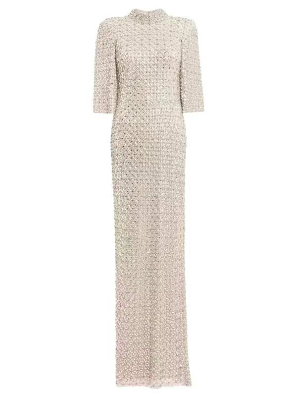 Jenny Packham Maxi Sedona Dress With Mock Neck And Three-quarter Sleeves - Neutrals
