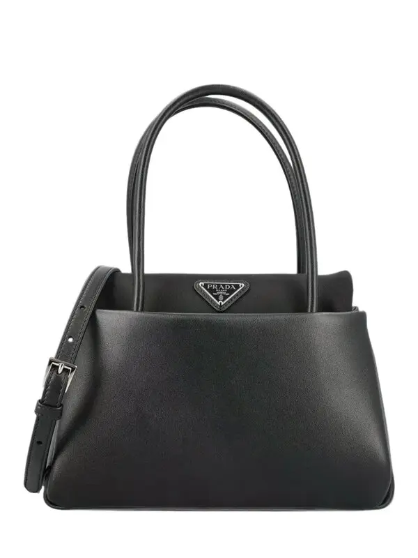 Prada Logo Plaque Leather Shoulder Bag - Black