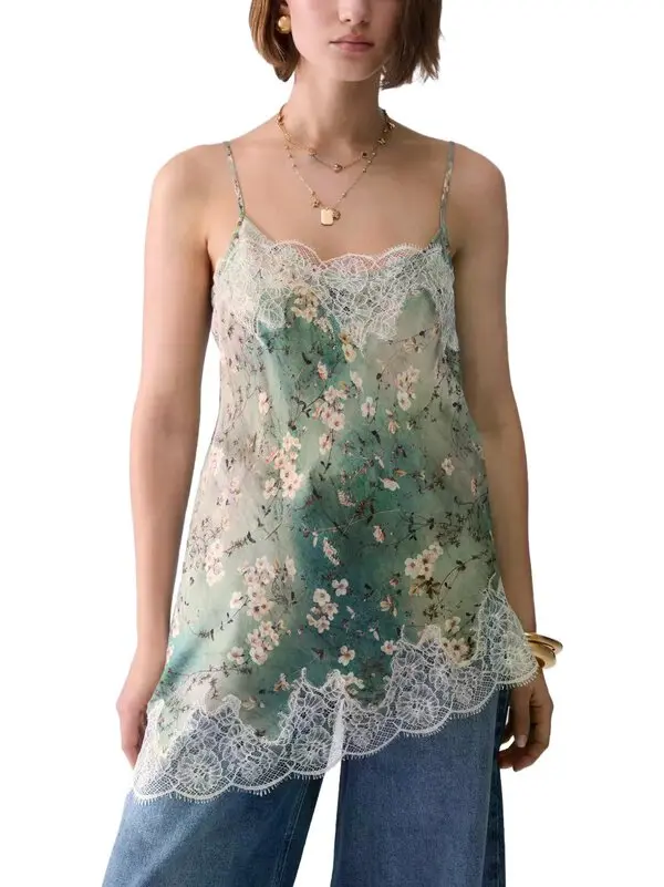 Liu Jo Printed Satin Top With Lace Detail - Green