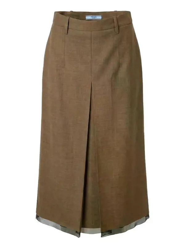 Prada Wool Midi Skirt With Sheer Trim - Brown