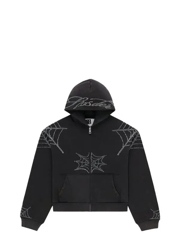 SP5DER Rhinestone Embellished Web Print Hoodie - Black