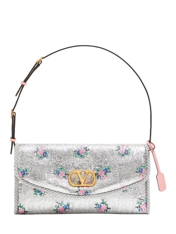 Valentino Garavani Devain Small Floral Lurex Jacquard Shoulder Bag - Silver