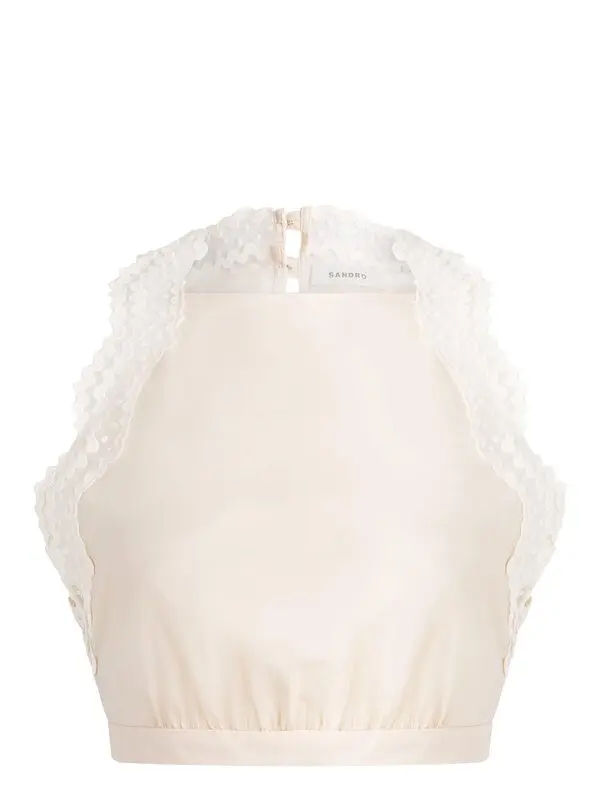 Sandro Cropped Cotton Top With Lace Trim - Pink