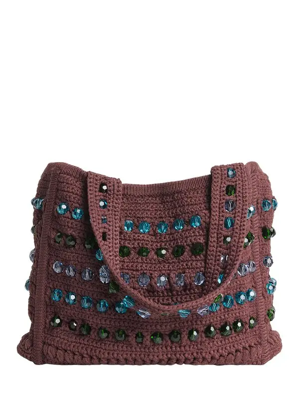 Sandro Crochet Beaded Top Handle Bag - Brown