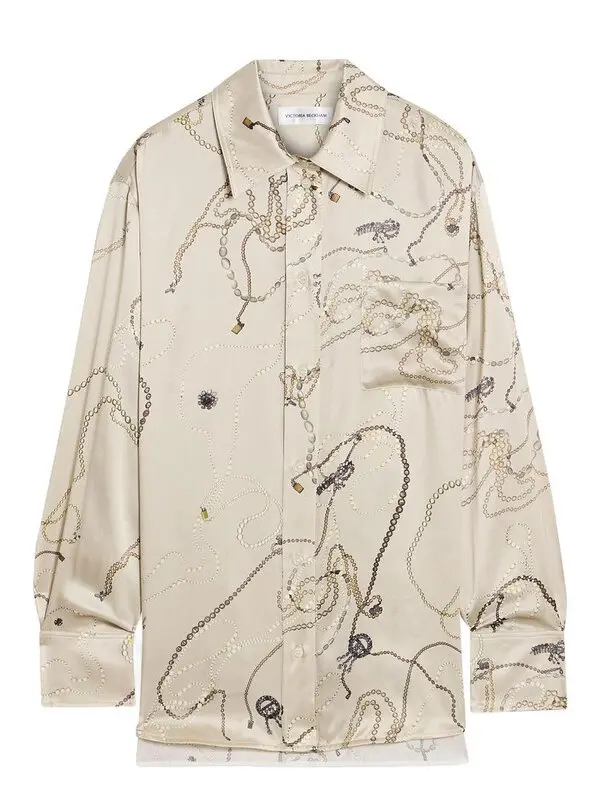 Victoria Beckham Printed Silk-satin Shirt - Beige