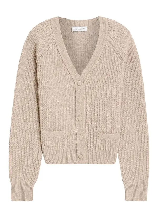 Victoria Beckham Ribbed Wool And Cashmere-blend Cardigan - Beige