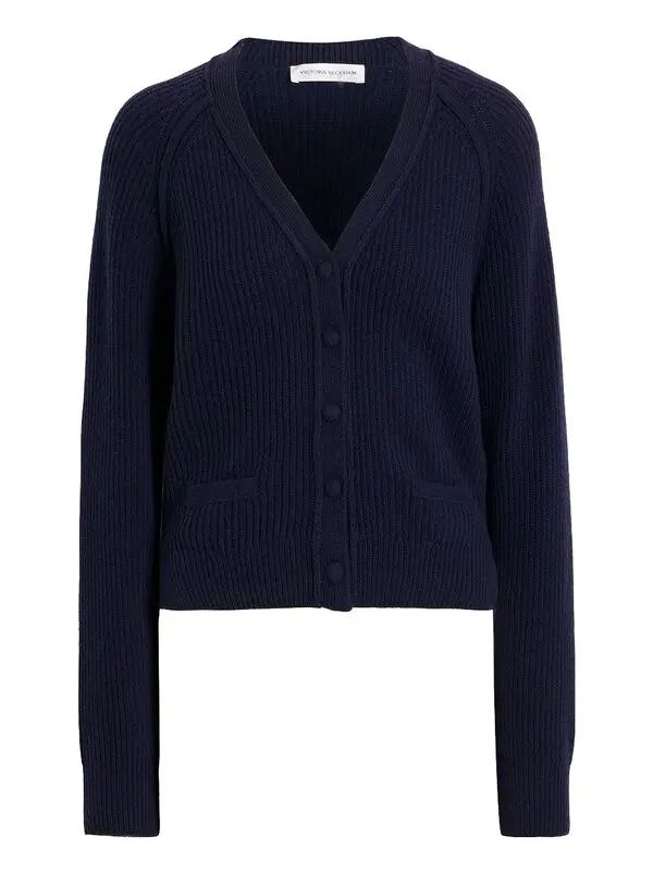 Victoria Beckham Ribbed Wool And Cashmere Blend Cardigan - Navy