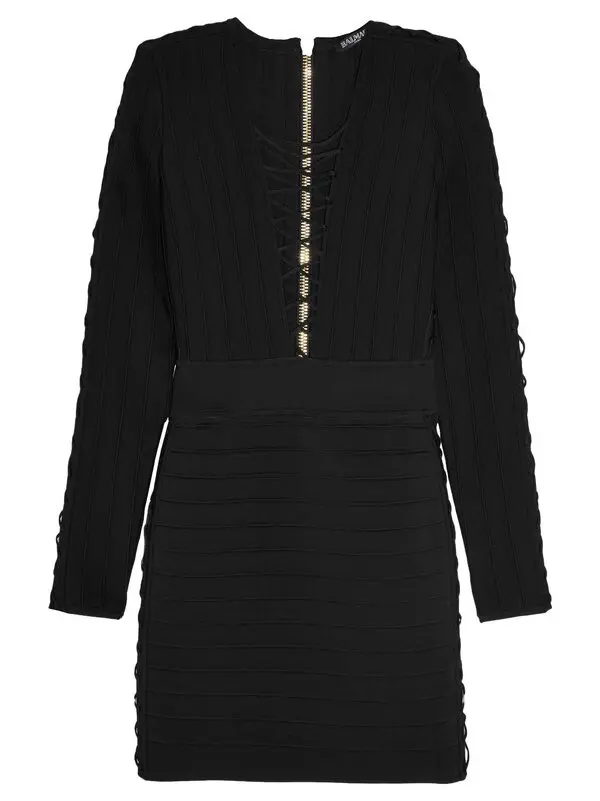 Balmain Lace-up Ribbed Stretch-knit Mini Dress - Black