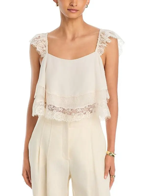 Ramy Brook Lena Top Lace Trimmed Cropped Blouse - Bone