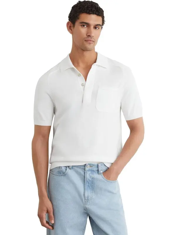 REISS Selkirk Cotton Knit Concealed-placket Polo - White