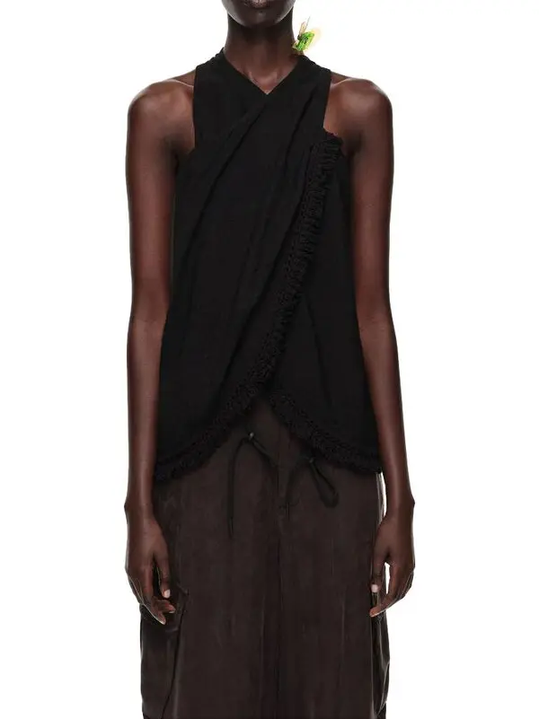 Bimba Y Lola Sleeveless Fringed Wrap Top - Black