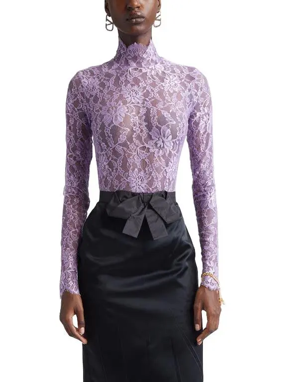Valentino Garavani Sheer Lace Mock Neck Bodysuit - Purple