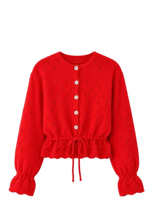MIND TRAVELER Open-knit Tie-waist Cardigan With Ruffle Cuffs - Red