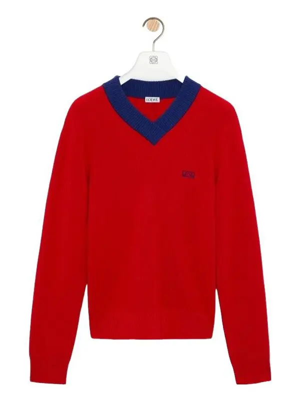 Loewe Long-sleeved V-neck Sweater With Embroidered Double Pattern - Red