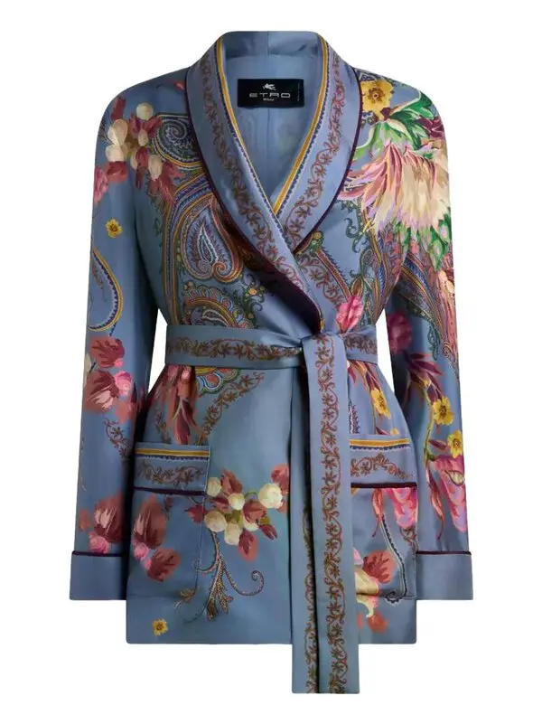 Etro Silk Jacket With Belt And Floral Paisley Motif - Blue
