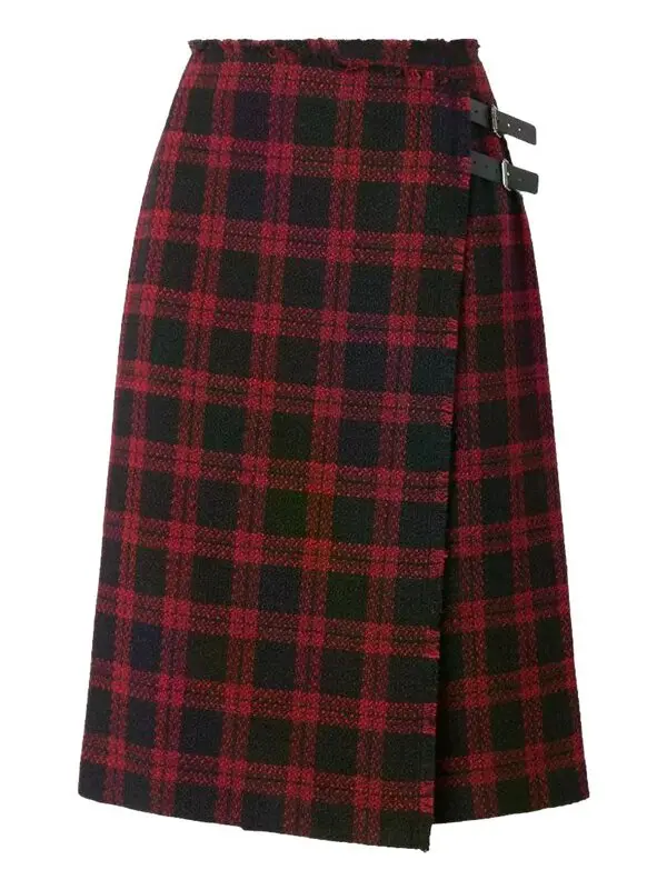 Pinko Tartan Check Buckled Midi Skirt - Red