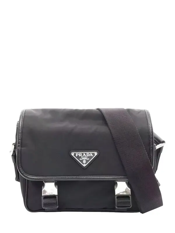 Prada Saffiano Trimmed Tessuto Double Buckle Messenger Bag - Black